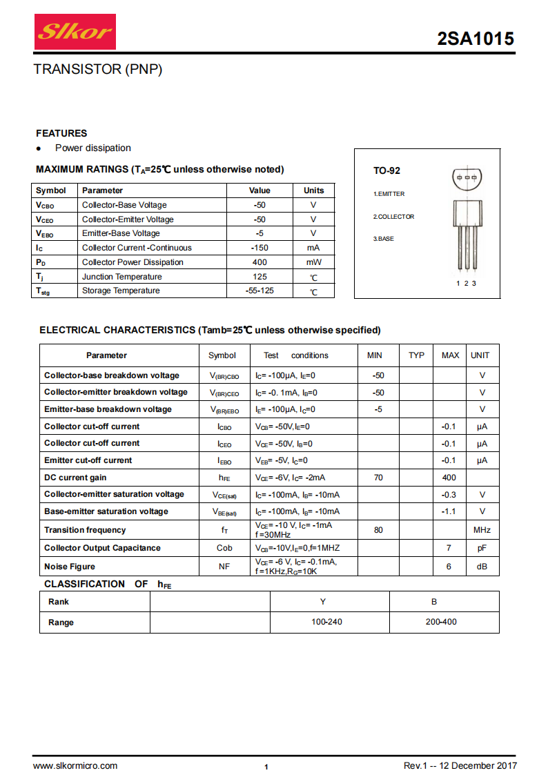 Cost-effective 2SA1015-B PNP Bipolar Transistor TO-92 - Shenzhen Slkor ...